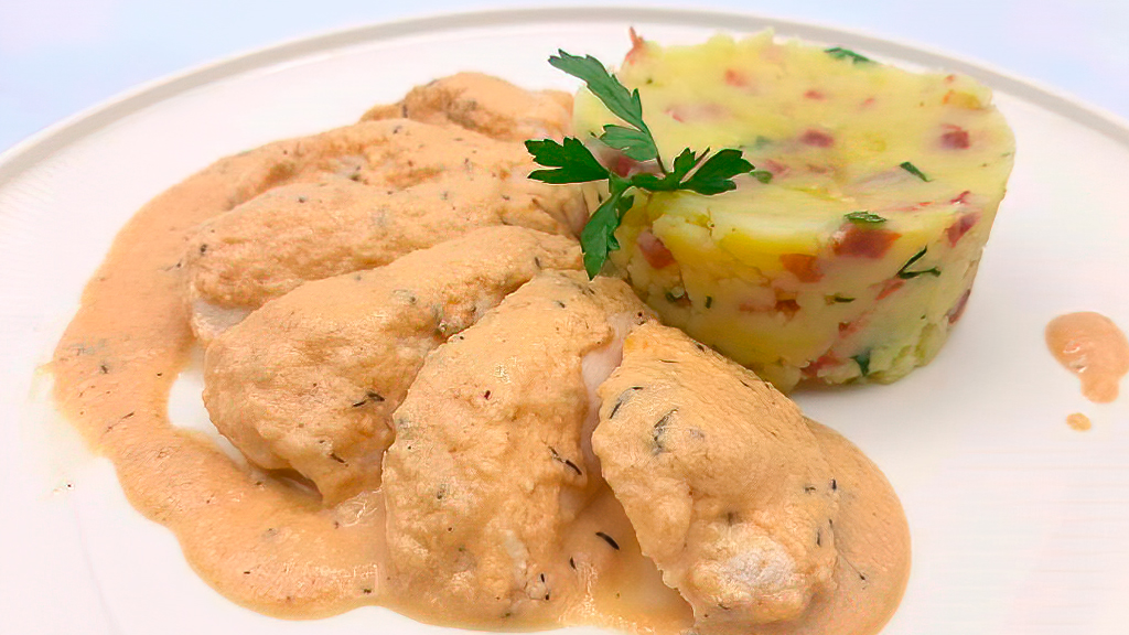 Pollo en salsa con puré de ajo asado, acompañado de jamón ibérico, en ...